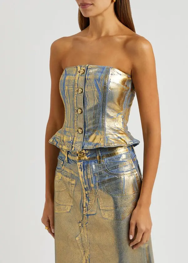 GANNI Foil-print Strapless Denim Top