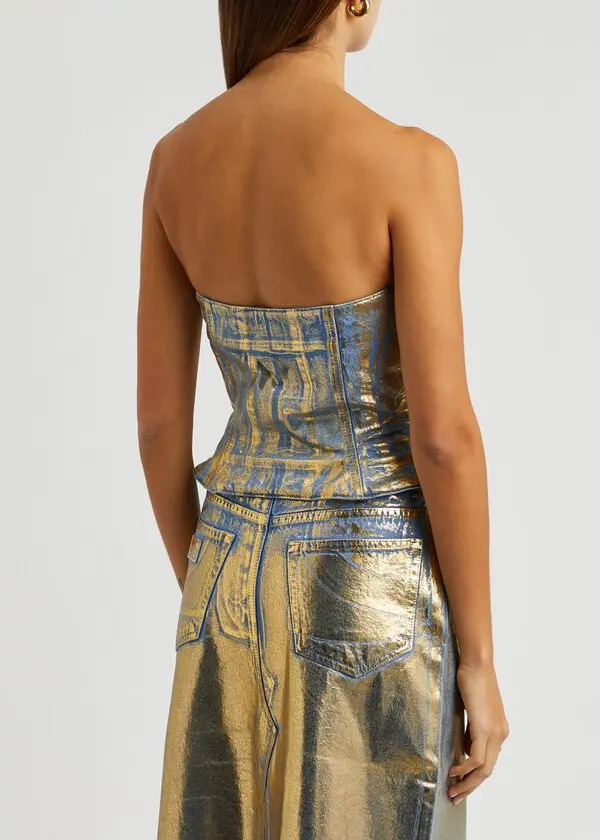 GANNI Foil-print Strapless Denim Top