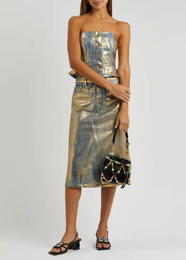 GANNI Foil-print Strapless Denim Top