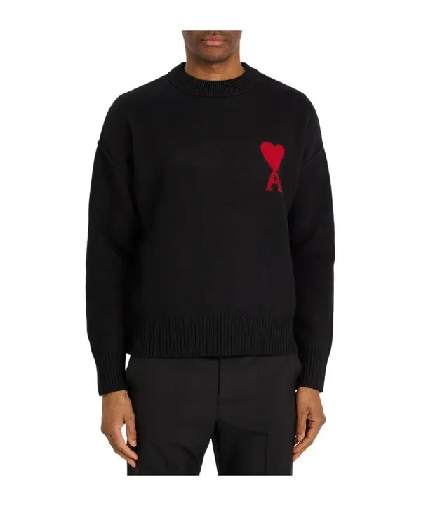 AMI Paris Red Heart Logo Crew Neck Knit Sweater
