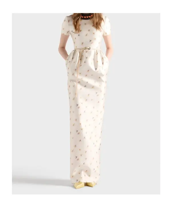 Prada Long Floral Print Silk And Wool Dress - Cream