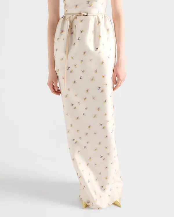 Prada Long Floral Print Silk And Wool Dress - Cream