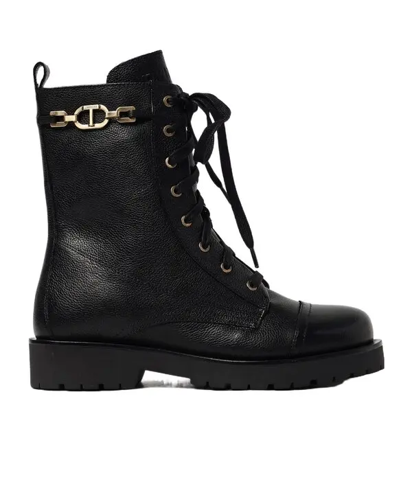 TWINSET Chain And Oval T Leather Combat Boots