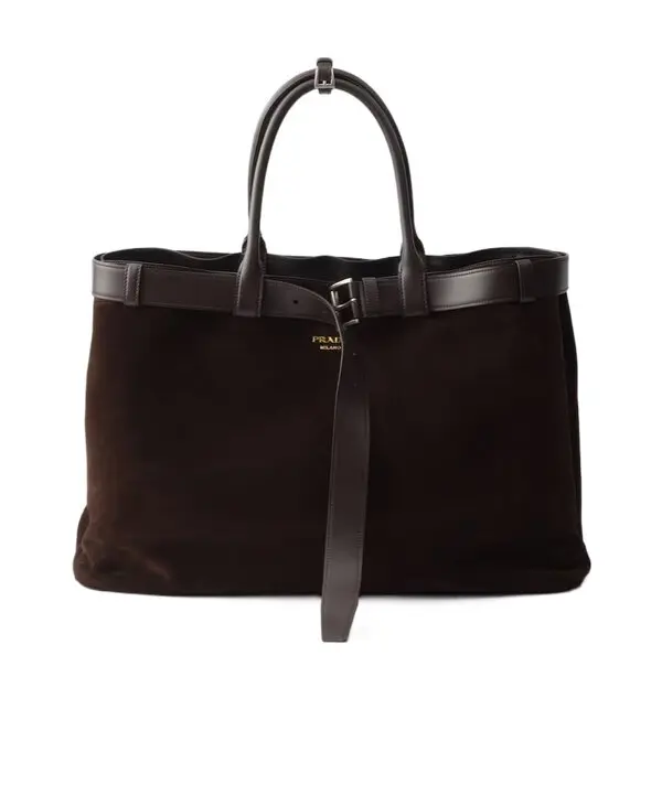 Prada Suede Tote Bag With Belt Detail - Dark Brown