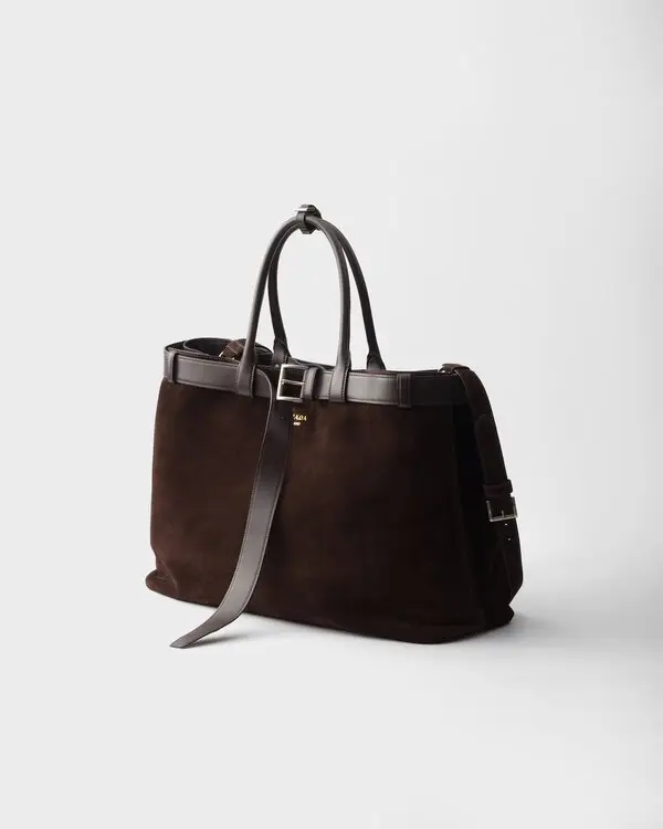 Prada Suede Tote Bag With Belt Detail - Dark Brown