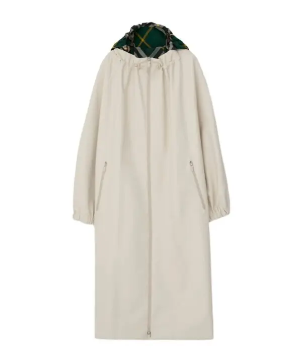 Burberry Checked Hood Zipped Gabardine Parka - White