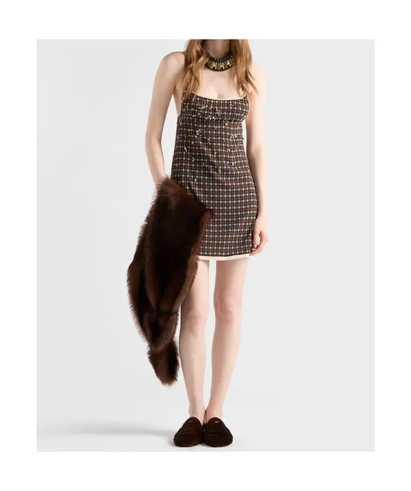 Prada Embellished Checked Georgette Mini Dress
