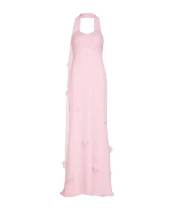 SELF-PORTRAIT Floral Appliqué Chiffon Maxi Dress With Scarf Detail