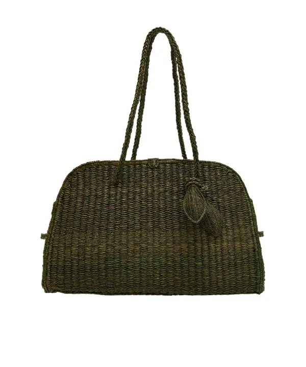 Jacquemus Raffia Tote Bag With Woven Leaf Charm - Black