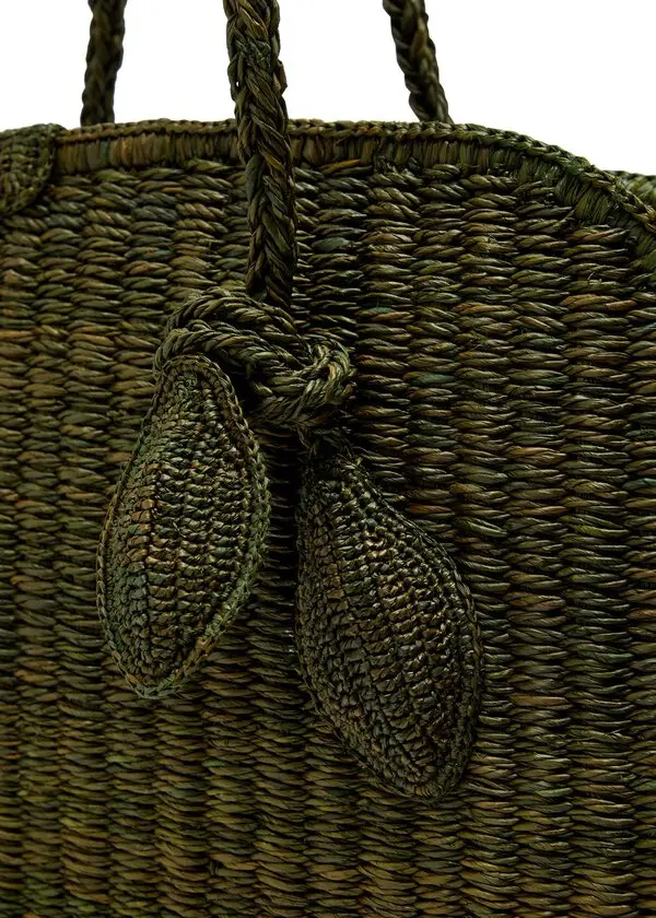 Jacquemus Raffia Tote Bag With Woven Leaf Charm - Black