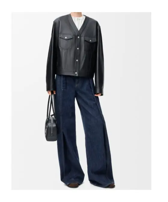 Loewe Long-sleeved Leather Jacket With V-neck And Snap Closure