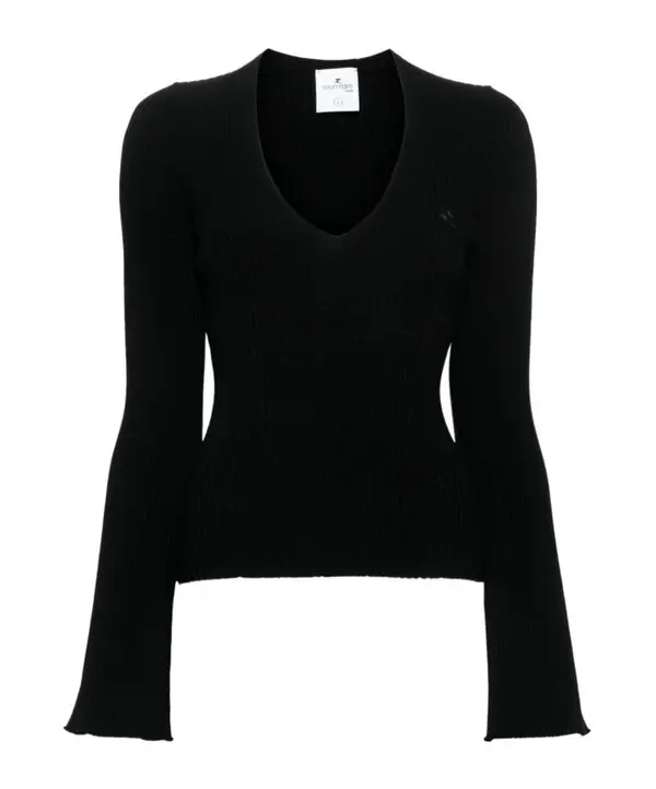 COURREGES V-neck Trumpet Sleeve Ribbed-knit Jumper