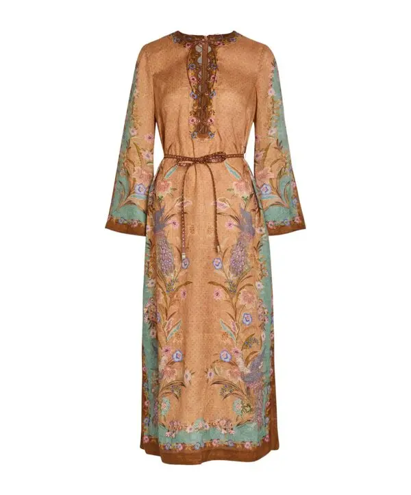 Zimmermann Indra Belted Printed Linen Midi Tunic Dress - Brown