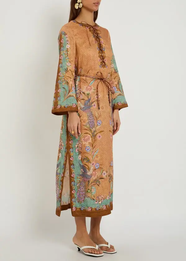 Zimmermann Indra Belted Printed Linen Midi Tunic Dress