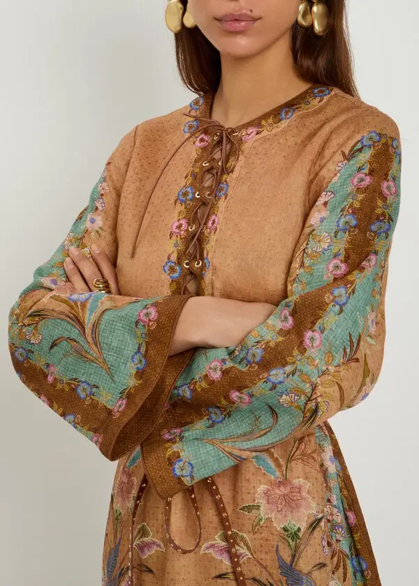 Zimmermann Indra Belted Printed Linen Midi Tunic Dress