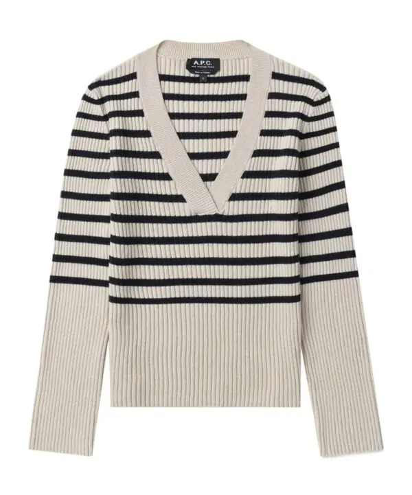 A.p.c. Striped V-neck Ribbed-knit Jumper - Nude