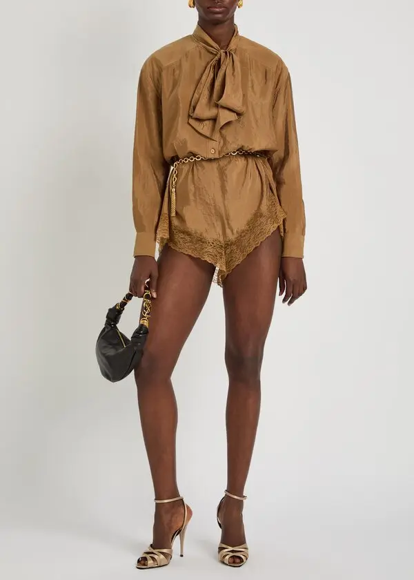 Saint Laurent Lace-trim Brushed Satin Playsuit