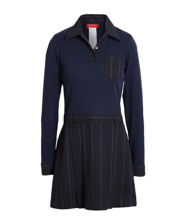 MAXCO. Ribbed Knit Pleated Dress With Striped Accents