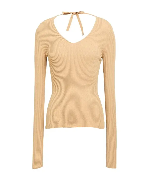 MAISON MARGIELA Ribbed V-neck Long Sleeve Top With Tie Detail