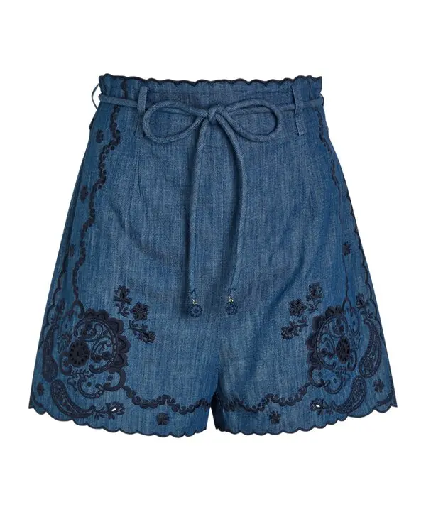 Zimmermann Aster Embroidered Belted Denim Shorts - Blue