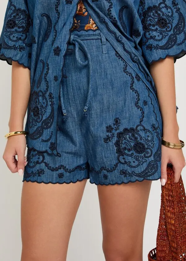 Zimmermann Aster Embroidered Belted Denim Shorts