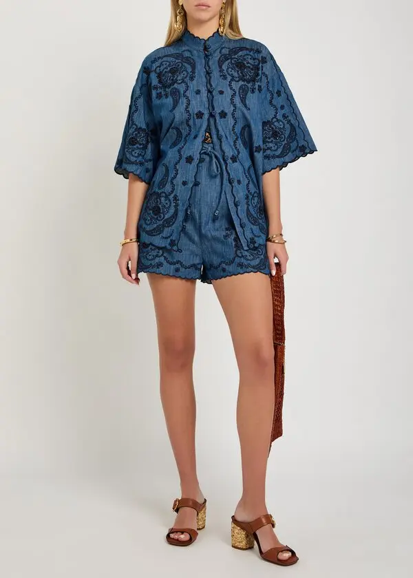 Zimmermann Aster Embroidered Belted Denim Shorts