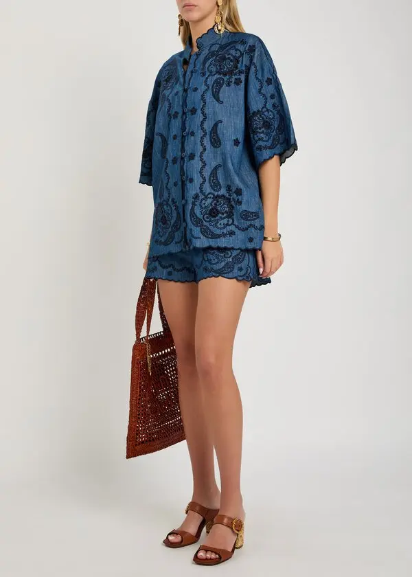 Zimmermann Aster Embroidered Denim Shirt - Blue