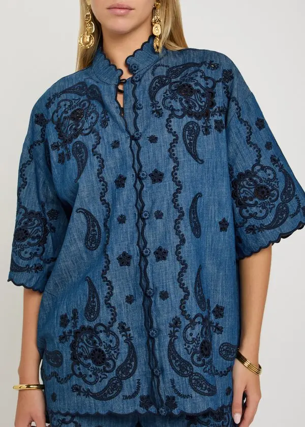 Zimmermann Aster Embroidered Denim Shirt - Blue