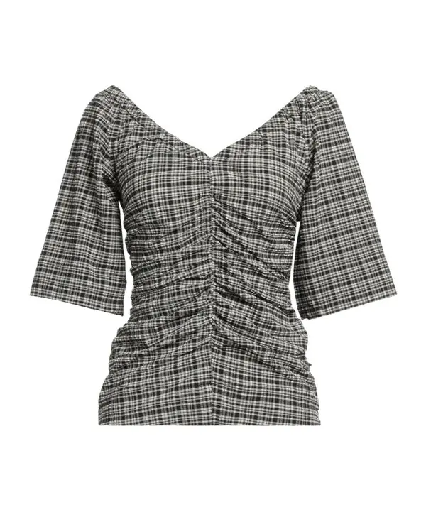 GANNI Plaid Ruched V-neck Top