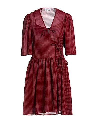 GANNI Plaid Seersucker Short Sleeve Wrap Dress - Red