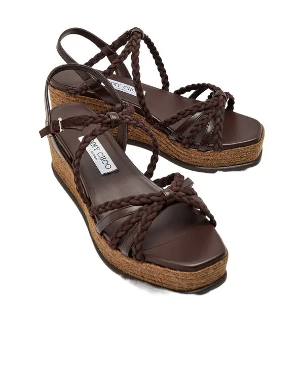 JIMMY CHOO Leather Braided Espadrille Wedge Sandals - Brown