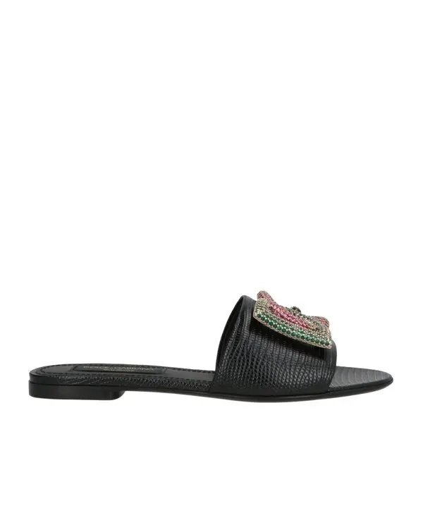 Dolce & Gabbana Embellished Lizard-effect Leather Slide Sandals