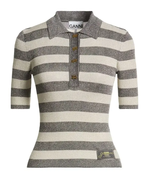 GANNI Striped Knit Polo Shirt - Gray