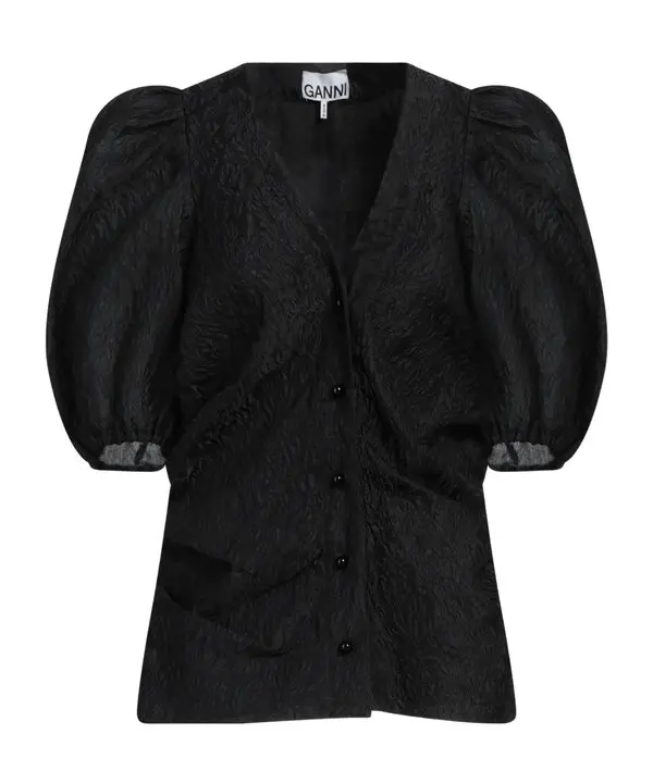 GANNI Jacquard Puff Sleeve V-neck Shirt