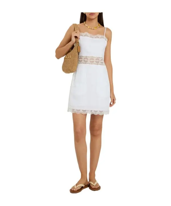 Staud Linen Square Neck Dress With Guipure Lace Trims