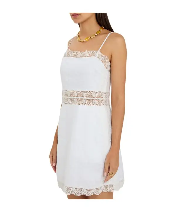 Staud Linen Square Neck Dress With Guipure Lace Trims