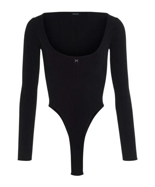 MUGLER Logo-plaque Ribbed Bodysuit - Black