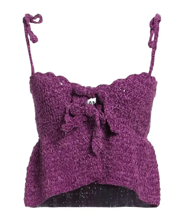 GANNI Cropped Knit Top With Deep V Neckline And Tie Detail - Red