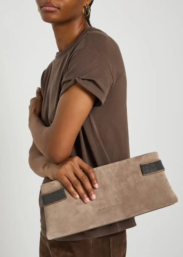 Brunello Cucinelli Bead Embellished Suede Clutch