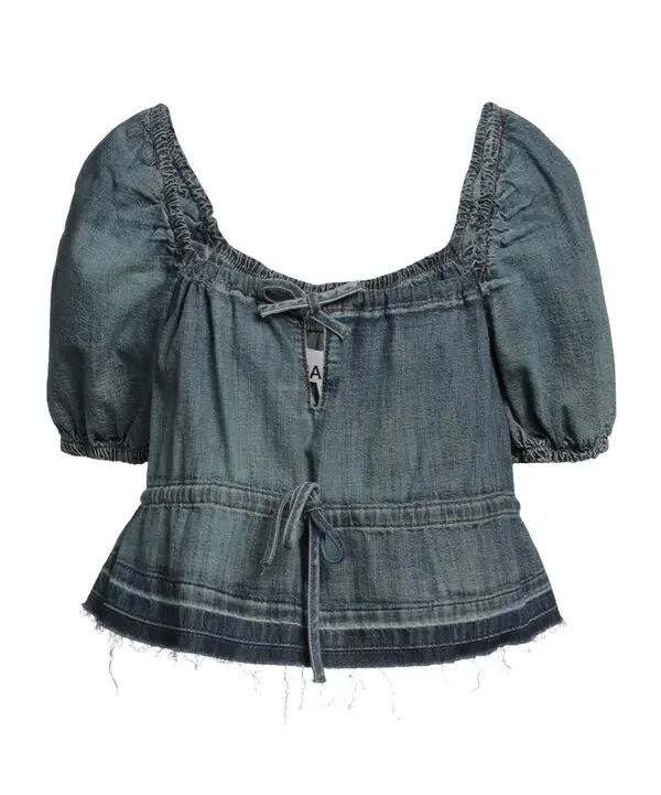 GANNI Denim Short Sleeve Top With Lace-up Detail