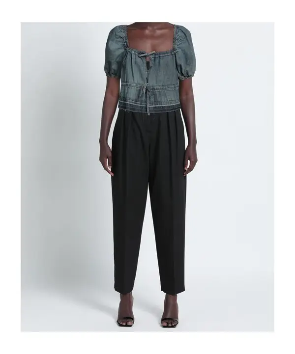 GANNI Denim Short Sleeve Top With Lace-up Detail
