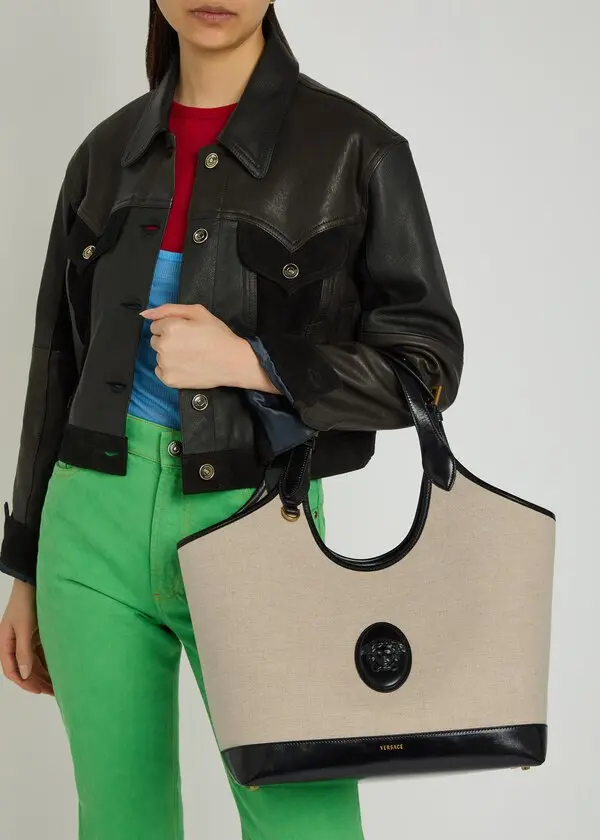 Versace Large Leather And Canvas Tote Bag