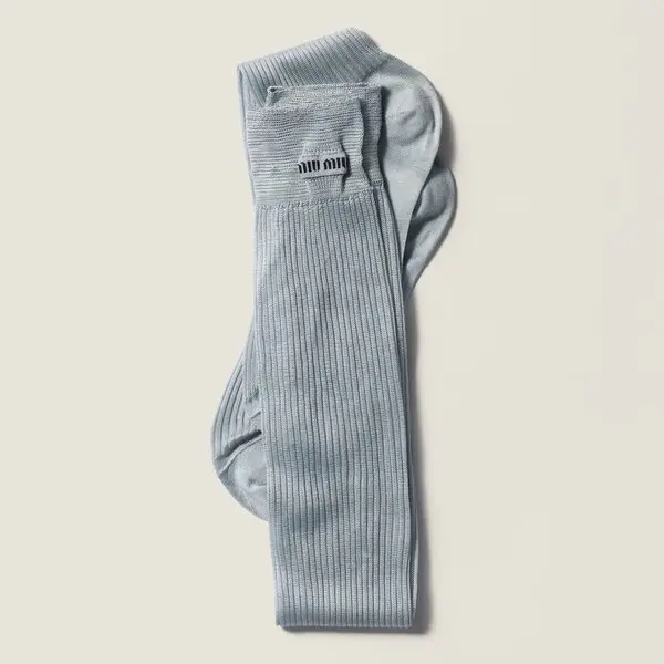 Miu Miu Ribbed Knit Hold-ups With Logo Patch