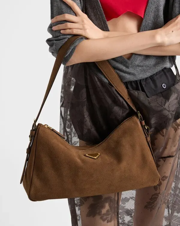 Prada Large Nubuck Leather Shoulder Bag - Cocoa Brown