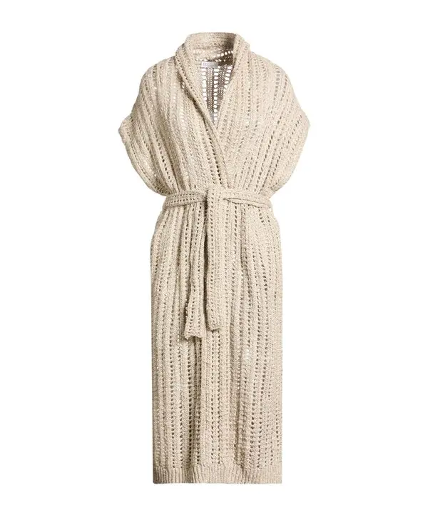 Brunello Cucinelli Long Crochet Cardigan With Belt And Sequins - Nude