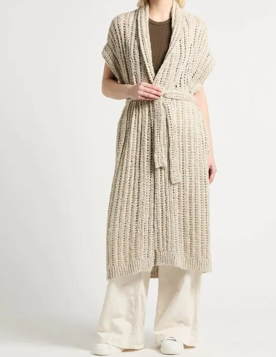 Brunello Cucinelli Long Crochet Cardigan With Belt And Sequins - Nude