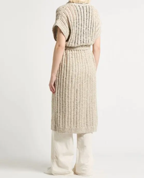 Brunello Cucinelli Long Crochet Cardigan With Belt And Sequins - Nude