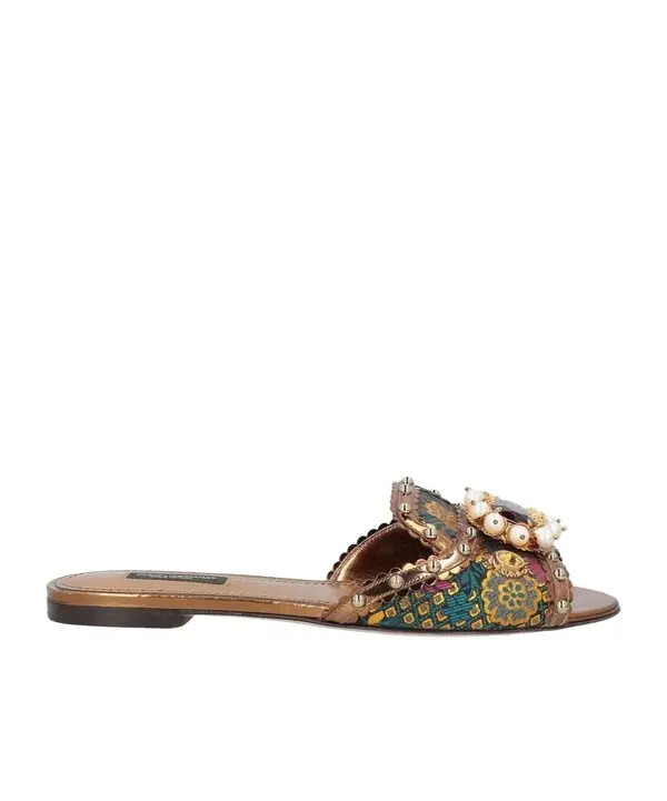Dolce & Gabbana Multicolor Metallic Jacquard Embellished Slide Sandals