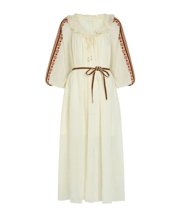Zimmermann Aster Embroidered Belted Ramie Maxi Dress - White