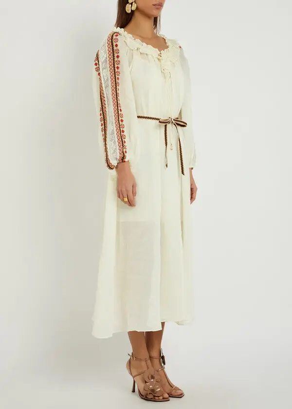 Zimmermann Aster Embroidered Belted Ramie Maxi Dress - White